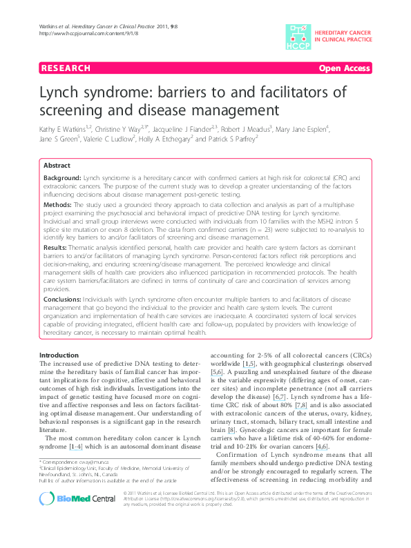 (PDF) Lynch syndrome: barriers to and facilitators of screening and ...