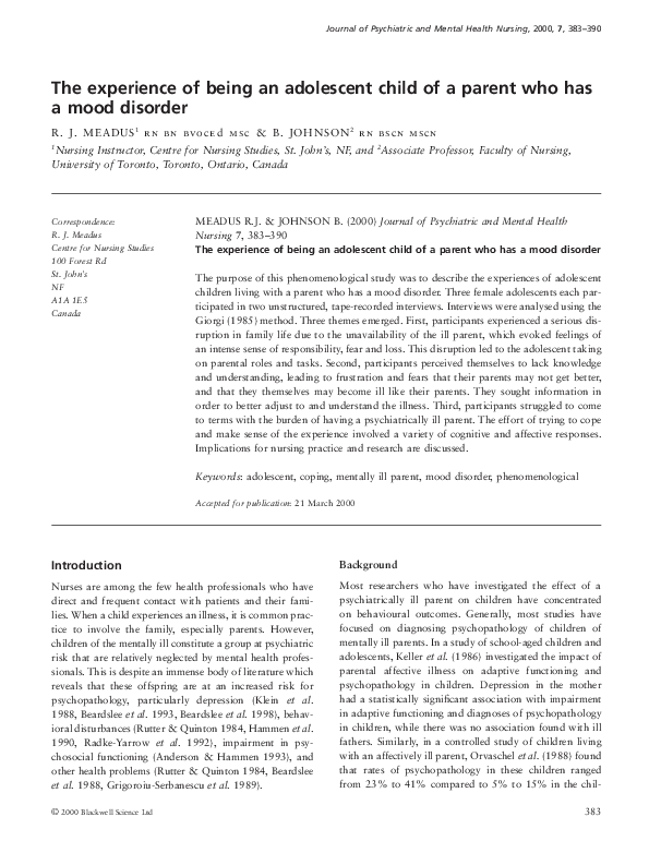 (PDF) The experience of being an adolescent child of a parent who has a ...