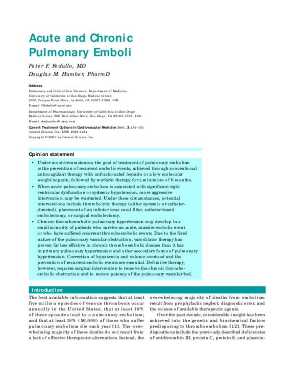 (PDF) Acute and chronic pulmonary emboli