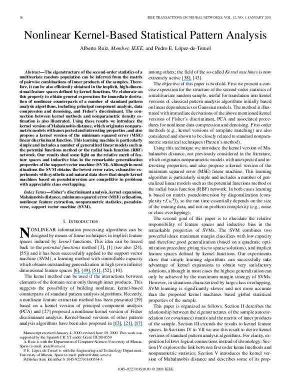 (PDF) Nonlinear kernel-based statistical pattern analysis