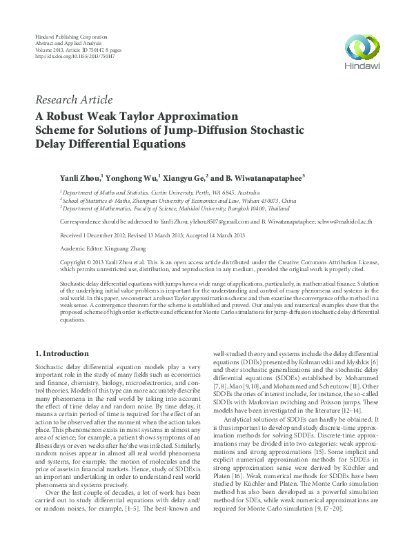 (PDF) Weak Taylor Approximation for Jump-Diffusion DEs