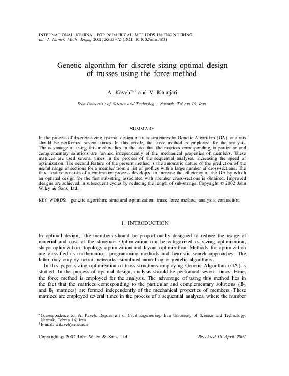 Pdf Genetic Algorithm For Discrete Sizing Optimal Design Of Trusses Using The Force Method
