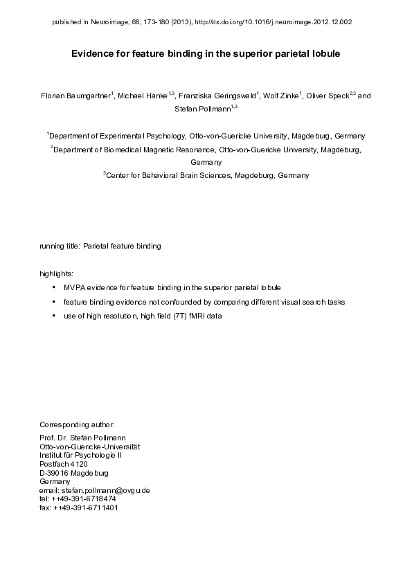 (PDF) Evidence for feature binding in the superior parietal lobule