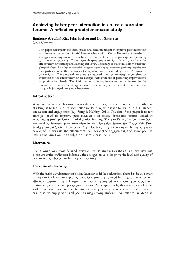 (PDF) Achieving better peer interaction in online discussion forums: A reflective practitioner ...
