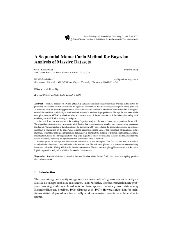 (PDF) A Sequential Monte Carlo Method for Bayesian Analysis of Massive Datasets