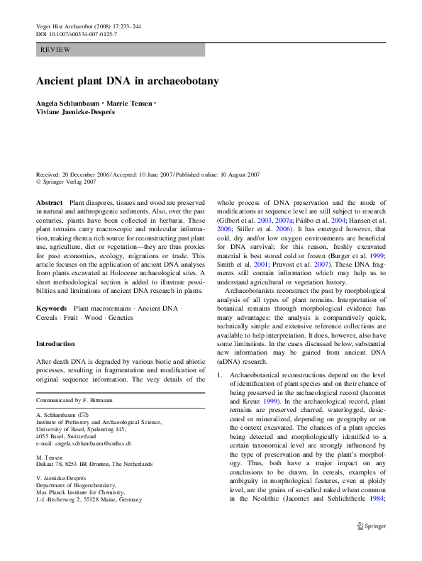 (PDF) Ancient plant DNA in archaeobotany | Marrie Tensen - Academia.edu