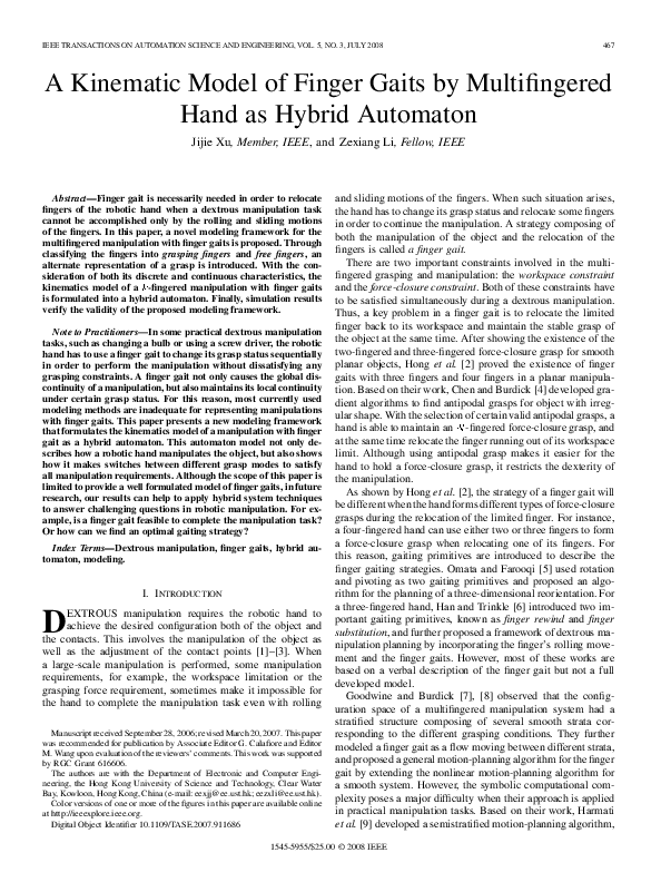 (PDF) A Kinematic Model of Finger Gaits by Multifingered Hand as Hybrid ...