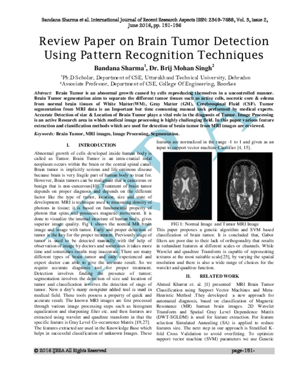 Pdf Review Paper On Brain Tumor Detection Using Pattern Recognition
