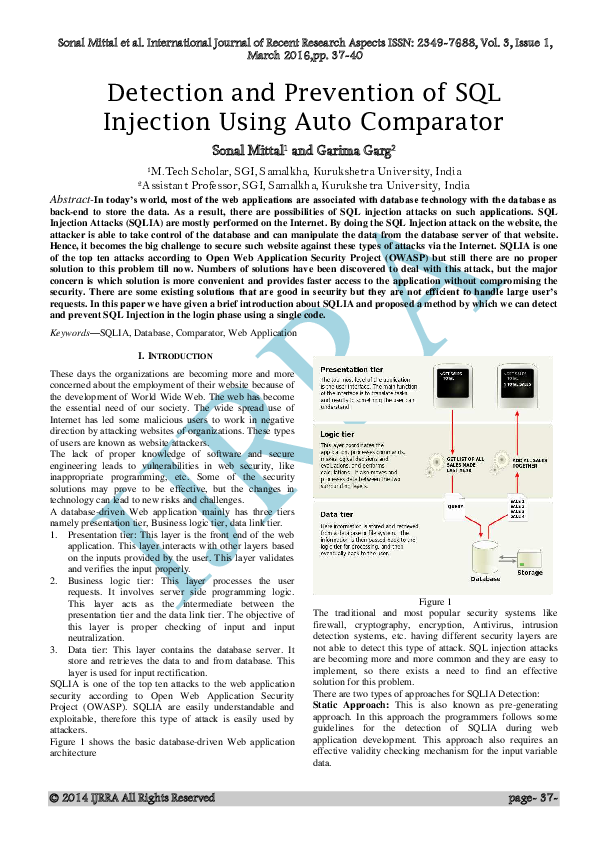 (PDF) Detection and Prevention of SQL Injection Using Auto Comparator