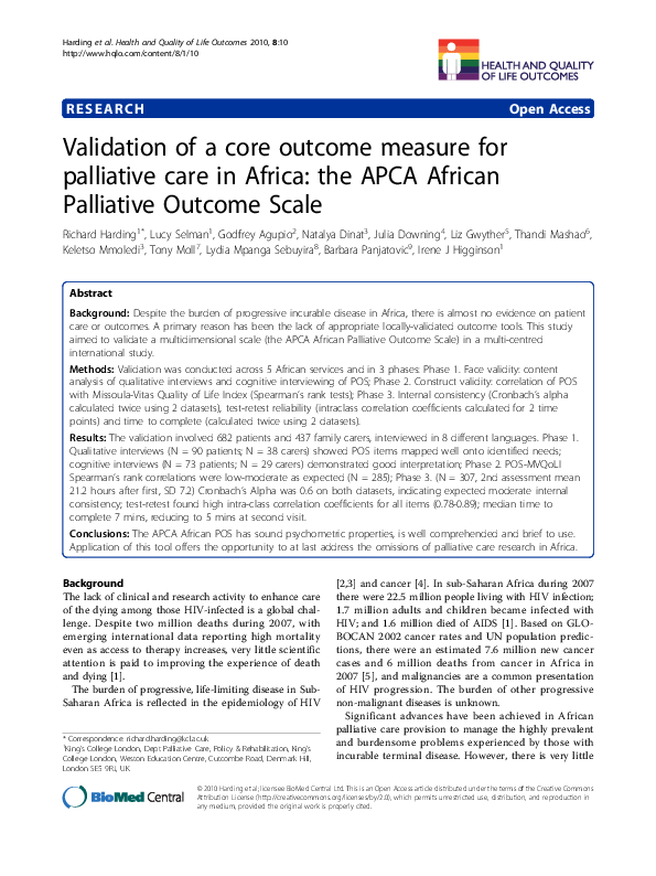 (PDF) Validation of a core outcome measure for palliative care in ...
