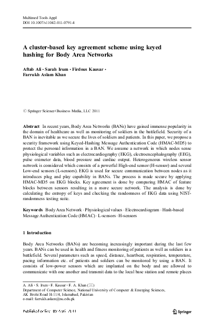 Pdf A Cluster Based Key Agreement Scheme Using Keyed Hashing For Body Area Networks