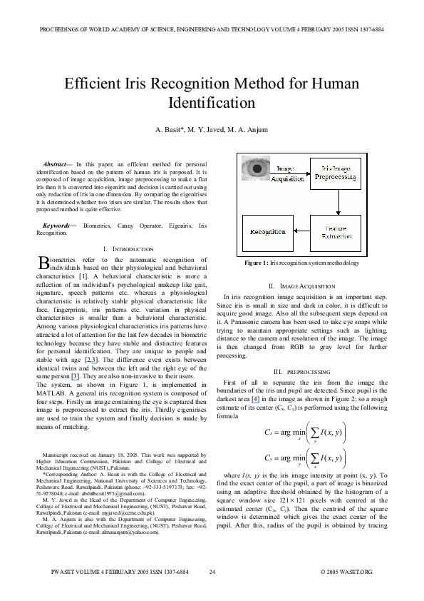 Pdf Efficient Iris Recognition Method For Human Identification