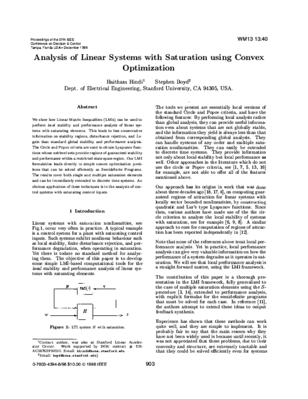 Pdf Analysis Of Linear Systems With Saturation Using Convex Optimization