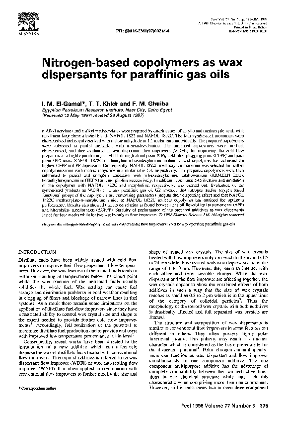 (PDF) Nitrogen-based copolymers as wax dispersants for paraffinic gas oils