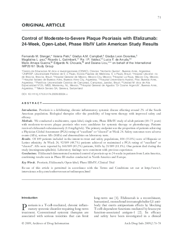 (PDF) Control of Moderate-to-Severe Plaque Psoriasis with Efalizumab: 24Week, Open-Label, Phase ...