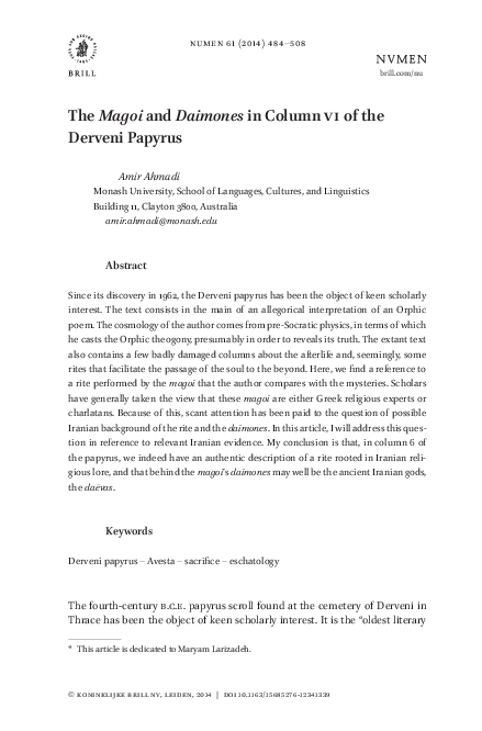 (PDF) The magoi and daimones in Column VI of the Derveni Papyrus