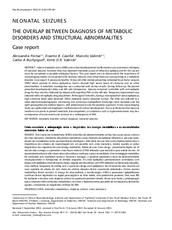(PDF) Neonatal seizures: the overlap between diagnosis of metabolic ...