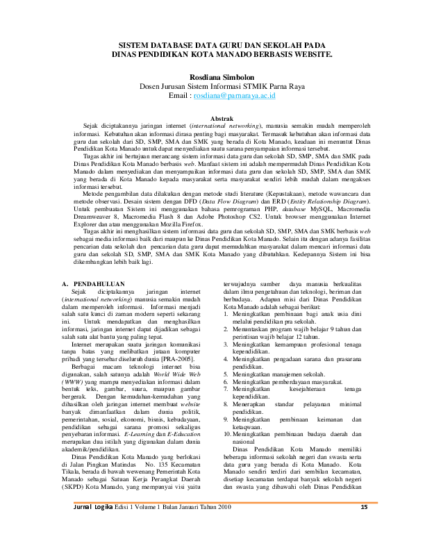 (PDF) SISTEM DATABASE DATA GURU DAN SEKOLAH PADA DINAS PENDIDIKAN KOTA MANADO BERBASIS WEBSITE