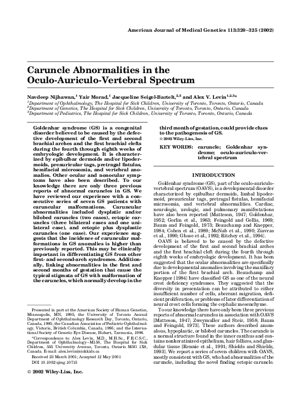 (PDF) Caruncle abnormalities in the oculo-auriculo-vertebral spectrum