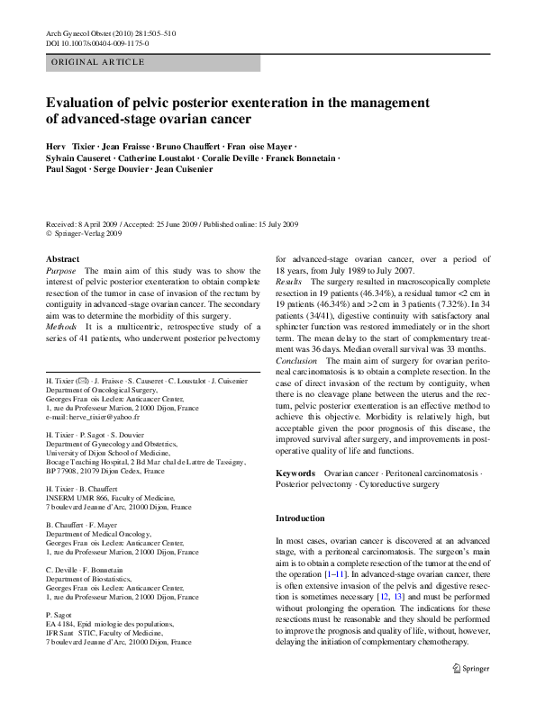(PDF) Evaluation of pelvic posterior exenteration in the management of advanced-stage ovarian cancer