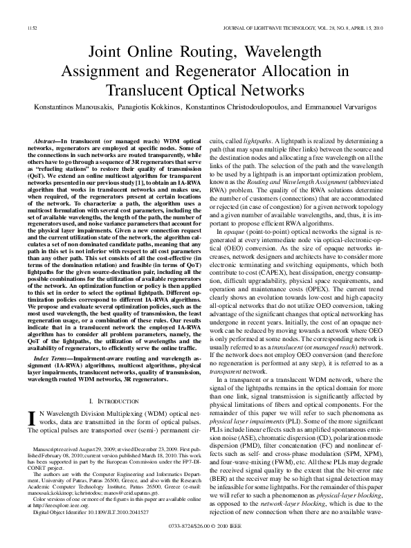 (PDF) Joint Online Routing, Wavelength Assignment and Regenerator Allocation in Translucent ...