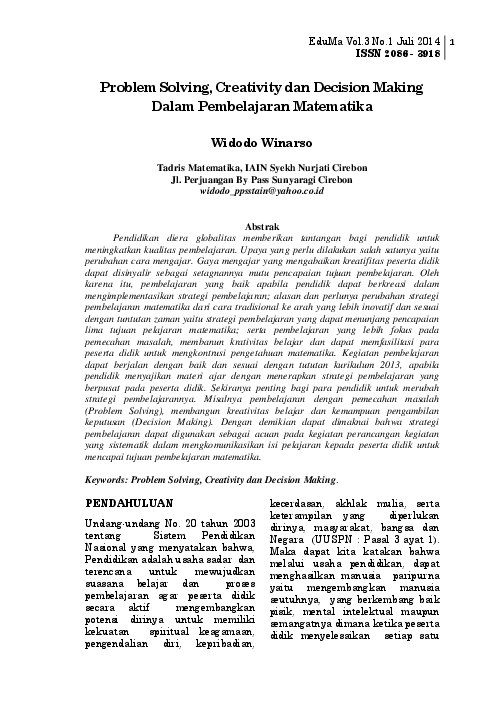 (PDF) Problem Solving, Creativity dan Decision Making Dalam Pembelajaran Matematika