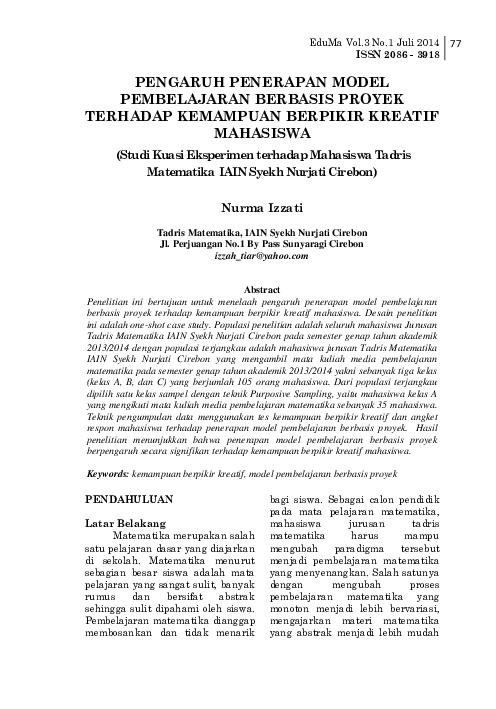 (PDF) PENGARUH PENERAPAN MODEL PEMBELAJARAN BERBASIS PROYEK TERHADAP KEMAMPUAN BERPIKIR KREATIF ...