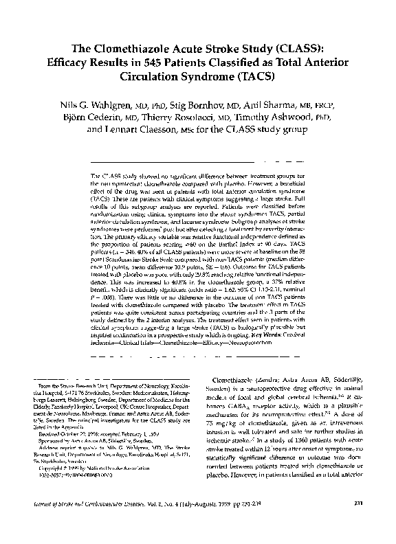 (PDF) The clomethiazole acute stroke study (CLASS): Efficacy results in ...