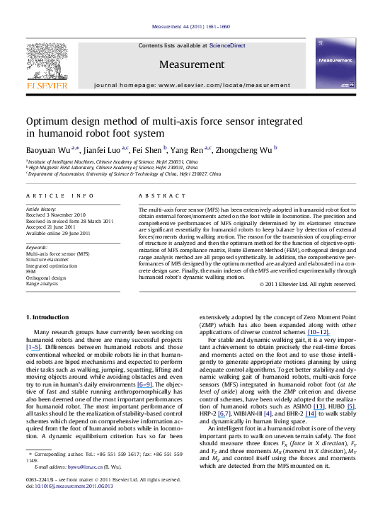 (PDF) Optimum design method of multi-axis force sensor integrated in humanoid robot foot system
