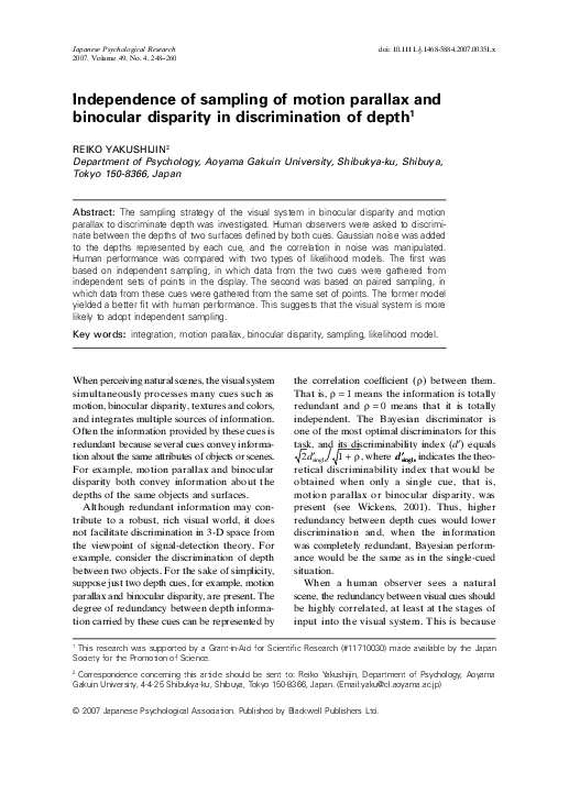 (PDF) Independence of sampling of motion parallax and binocular disparity in discrimination of depth