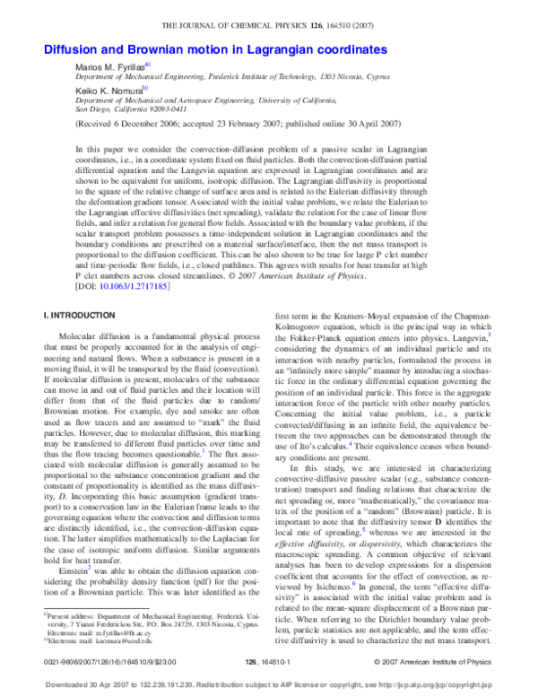 (PDF) Diffusion and Brownian motion in Lagrangian coordinates