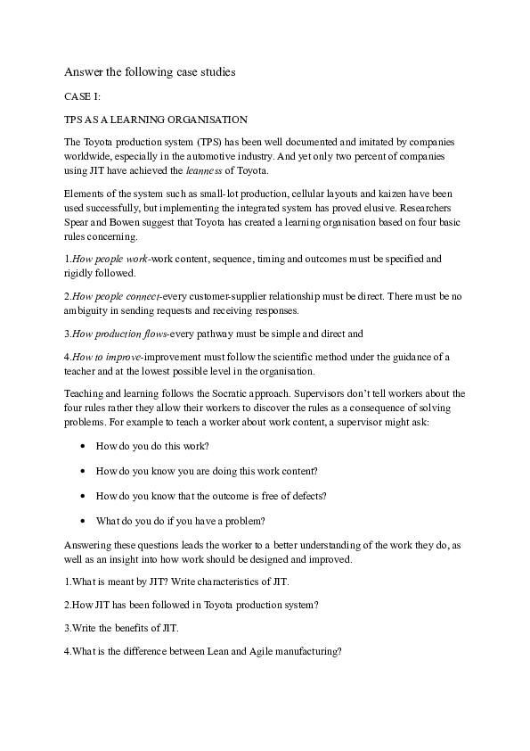 (DOC) Answer the following case studies CASE I: TPS AS A LEARNING ...