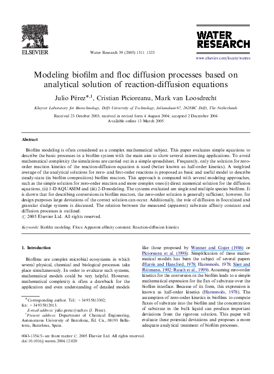 Pdf Modeling Biofilm And Floc Diffusion Processes Based On Analytical Solution Of Reaction