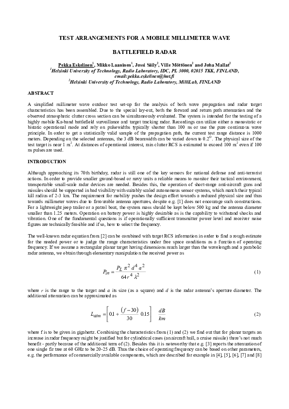 (PDF) Test Arrangements for a Mobile Millimeter Wave Battlefield Radar