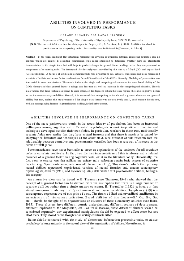 (PDF) Abilities involved in performance on competing tasks