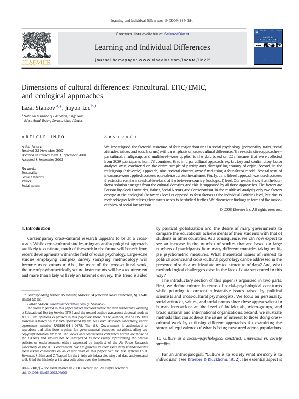 (PDF) Dimensions of cultural differences: Pancultural, ETIC/EMIC, and ...