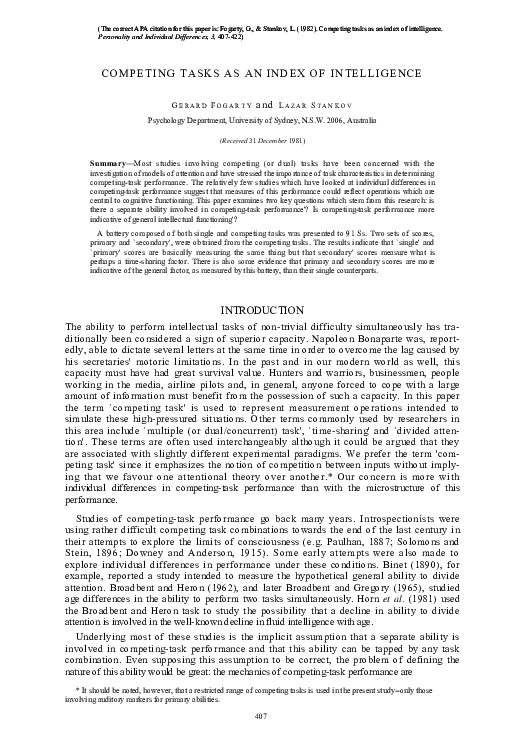 (PDF) Competing tasks as an index of intelligence