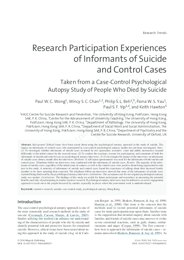 (PDF) Research participation experiences of informants of suicide and ...