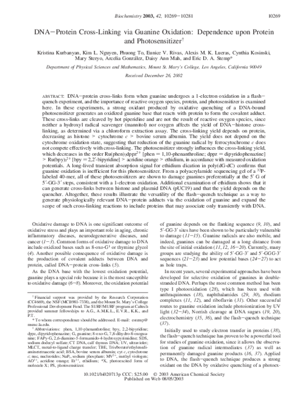 (PDF) DNA−Protein Cross-Linking via Guanine Oxidation: Dependence upon ...