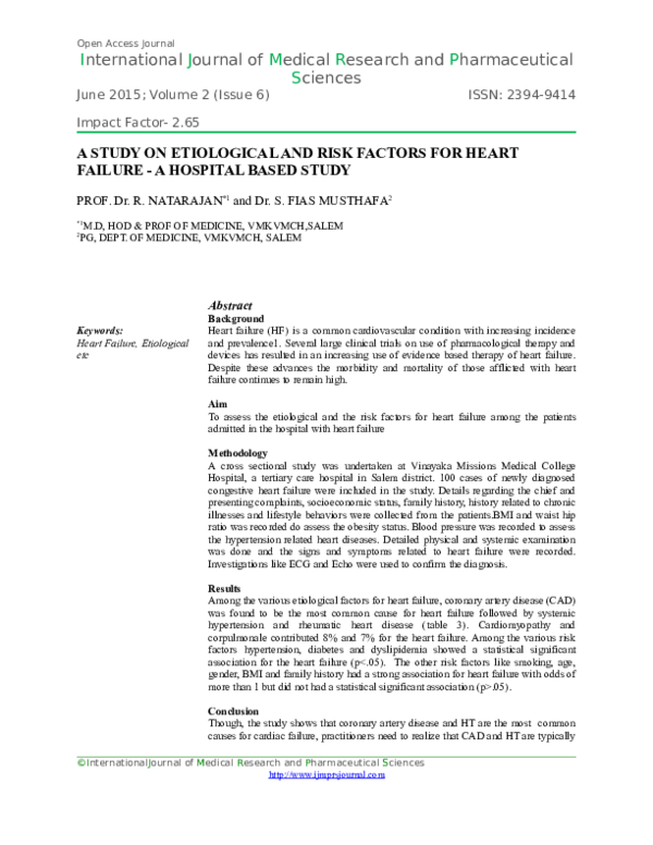 A STUDY ON ETIOLOGICAL AND RISK FACTORS FOR HEART FAILURE -A HOSPITAL ...