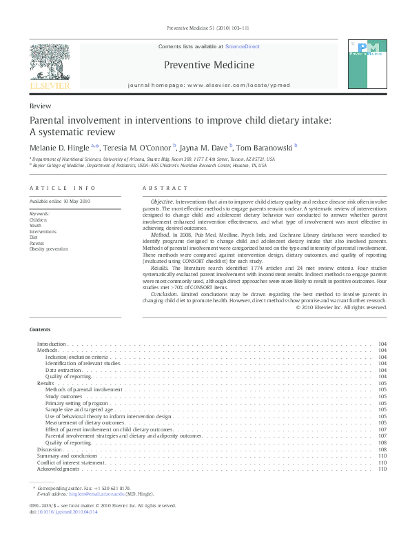 (PDF) Parental involvement in interventions to improve child dietary intake: A systematic review
