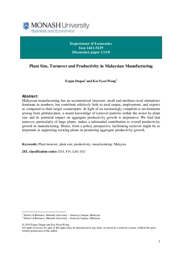 (PDF) Plant Size, Turnover and Productivity in Malaysian Manufacturing ...