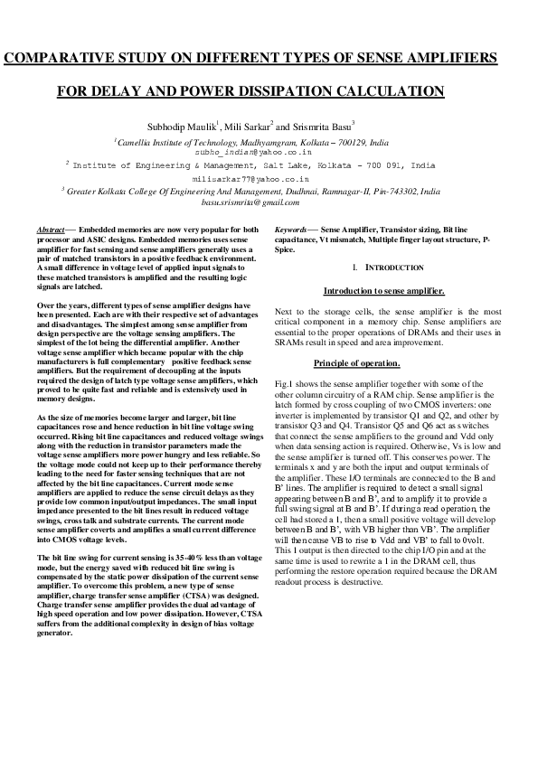 (PDF) Comparative Study on Different Types of Sense Amplifiers for Delay and Power Dissipation ...