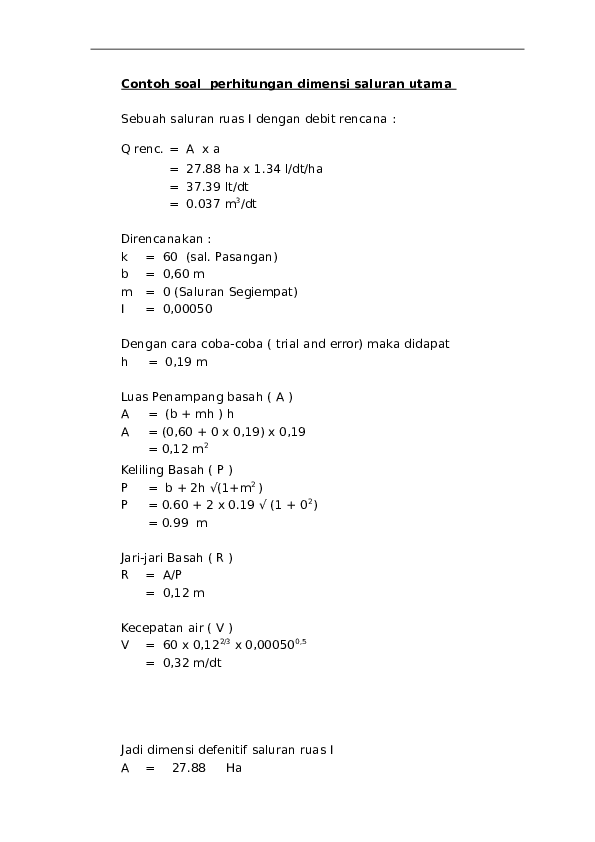 (DOC) Contoh soal perhitungan dimensi saluran utama