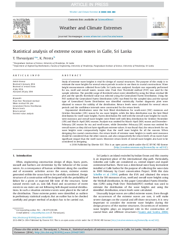(PDF) Statistical analysis of extreme ocean waves in Galle, Sri Lanka