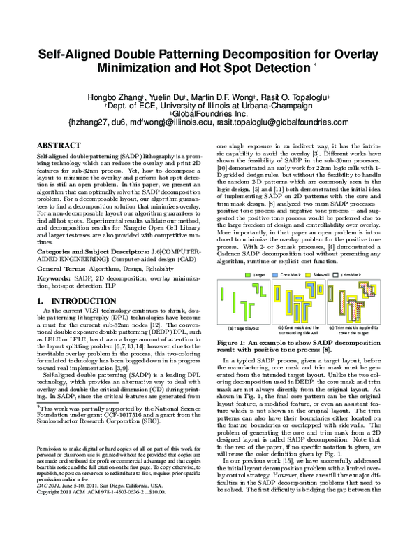 Pdf Self Aligned Double Patterning Decomposition For Overlay Minimization And Hot Spot Detection