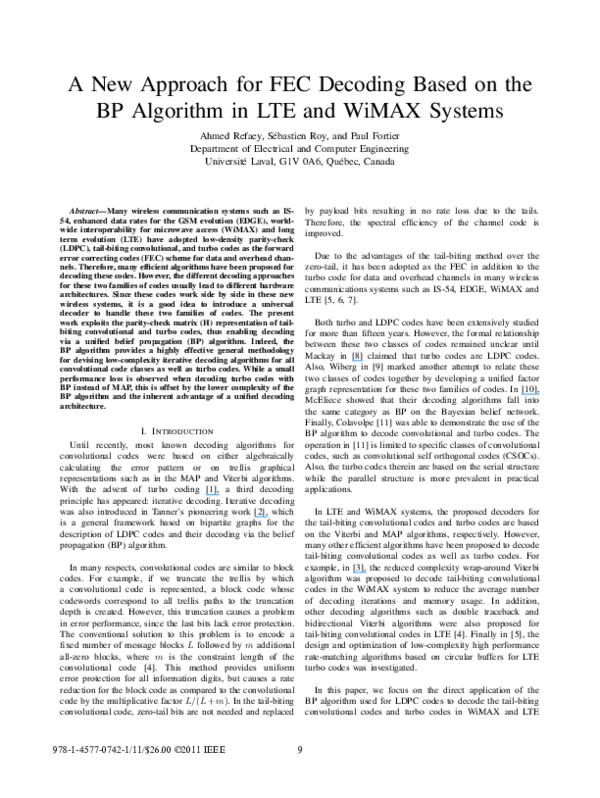 Pdf A New Approach For Fec Decoding Based On The Bp Algorithm In Lte 9313