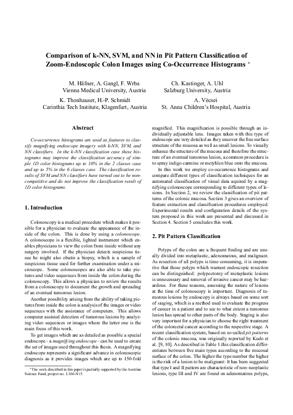 (PDF) Comparison of k-NN, SVM, and NN in Pit Pattern Classification of Zoom-Endoscopic Colon ...