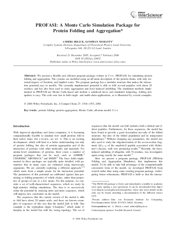 (PDF) PROFASI: A Monte Carlo simulation package for protein folding and ...