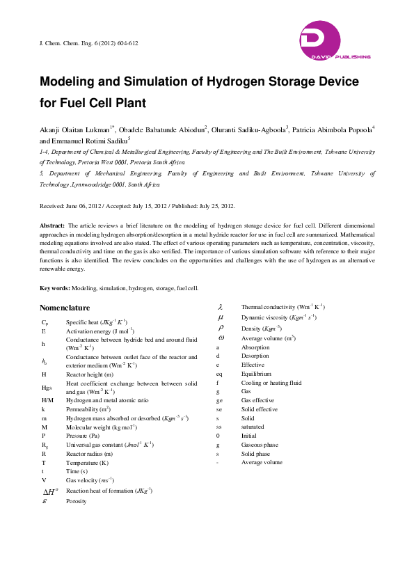 (PDF) Modeling and Simulation of Hydrogen Storage Device for Fuel Cell ...